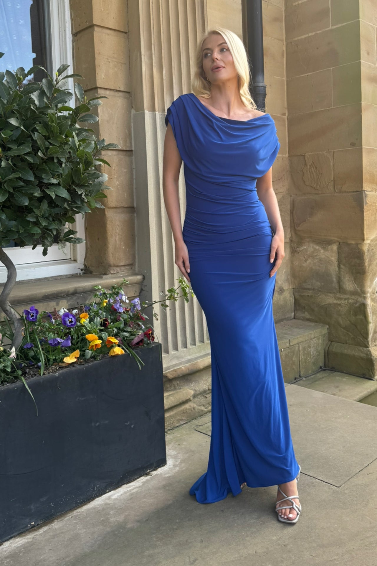 Platinum gown in cobalt blue – Atom Label